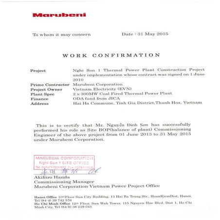 Work confirmation (Nghi Son 1 Thermal power plant)(Marubeni) | PDF