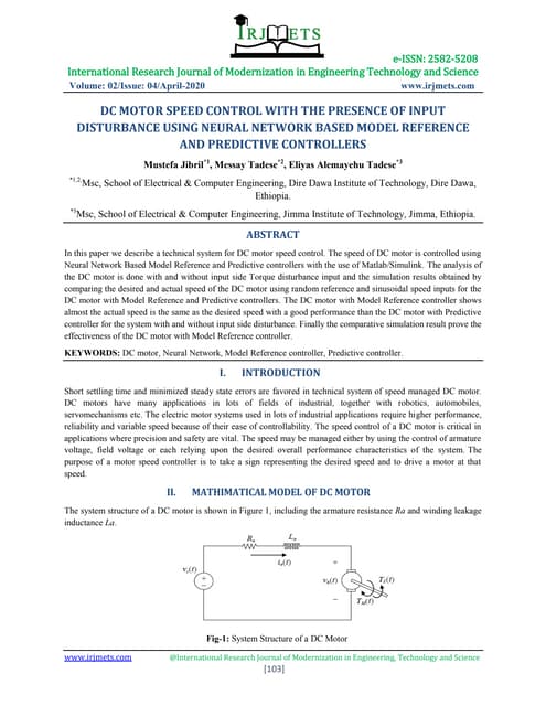 Dc Motor Speed Control With The Presence Of Input Disturbance Using Neural Network Based Model