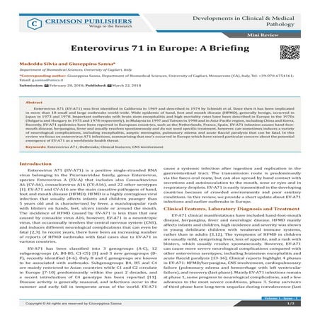 Enterovirus 71 in Europe: A Briefing-Crimson Publishers | PDF