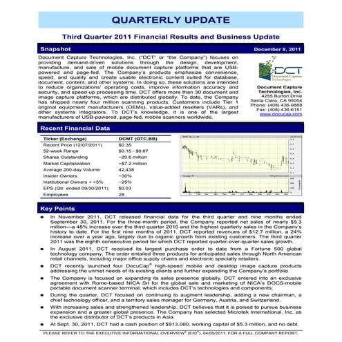 Document Capture Technologies, Inc. ($DCMT), Third Quarter 2011 Update | PDF | Business ...