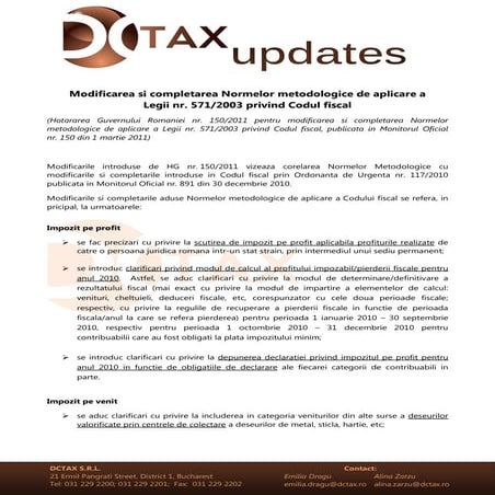Dc tax update_modificarea norme metodologice de aplicare a codului fiscal_9 martie 2011 | PDF