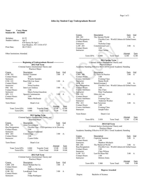Medgar Evers Transcript - Degrees Awarded | PDF