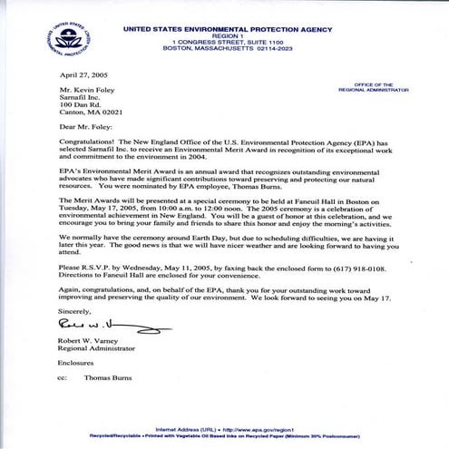 Coverletter from EPA Announcing Award 2005 | PDF