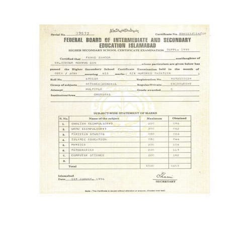 F.S.C Marks Sheet Attested Certificate Fahad Zahoor | DOCX