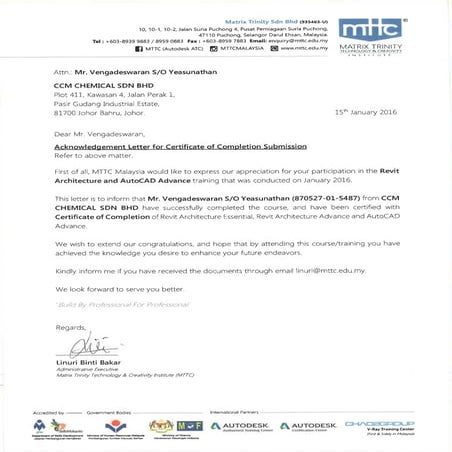 Acknowledgement Letter For Certificate Of Completion Submission | PDF