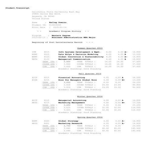 Student Transcript. CSUEB. Domino.Kelley MBA | PDF