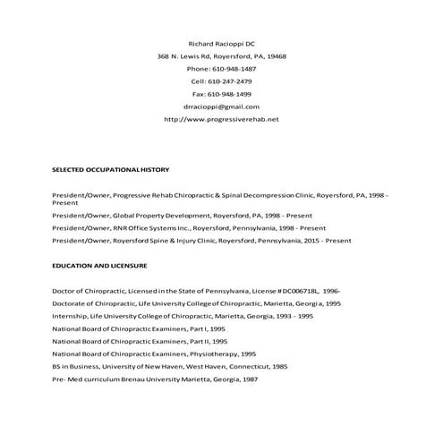 Richard Racioppi DC CV2016 | DOCX | Physical Therapy | Wellness