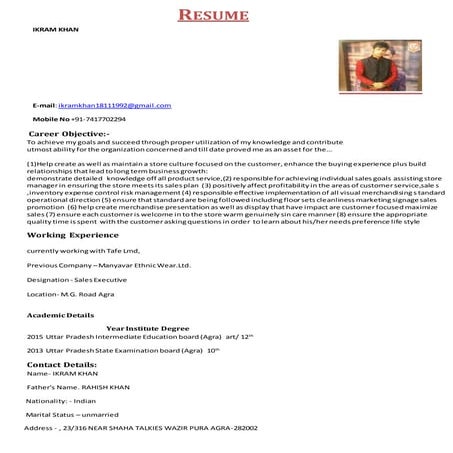 Resume for Store incharge | DOC