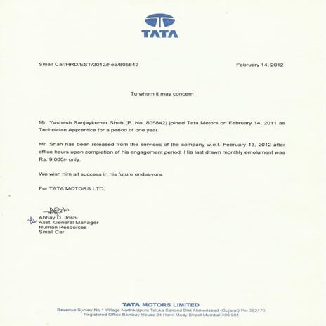 TATA Motors 1st year Experiance Certificate | PDF