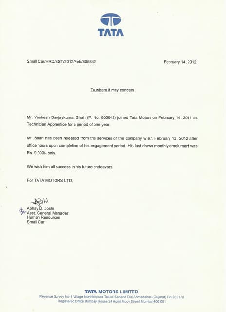 Q.C Engineer Experience Certificate from Techshore | PDF