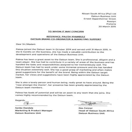 Palesa Khambule Reference Letter | PDF