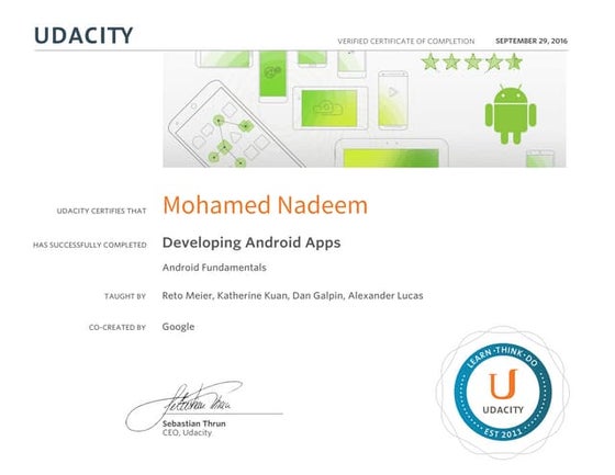 Certificate for Udacity Android Basics Nanodegree by Google | PDF