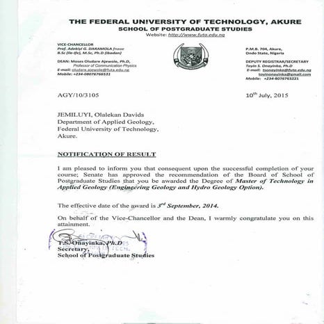 Jemiluyi Oalekan M.Tech Degree Certificate | PDF