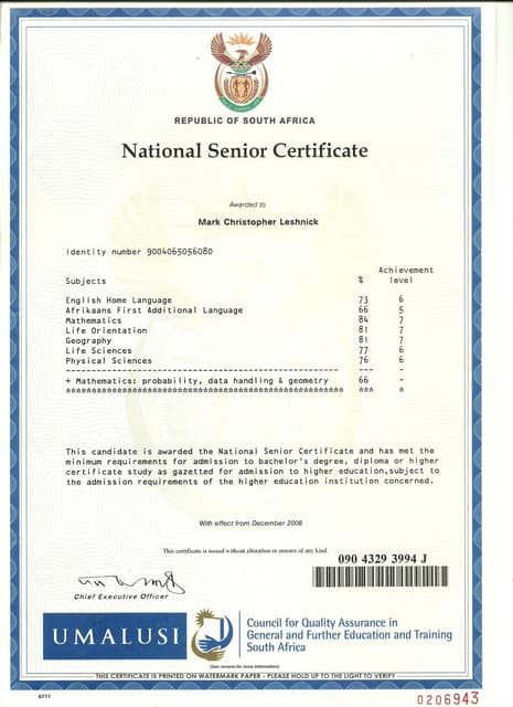 Matric Certificate | PDF