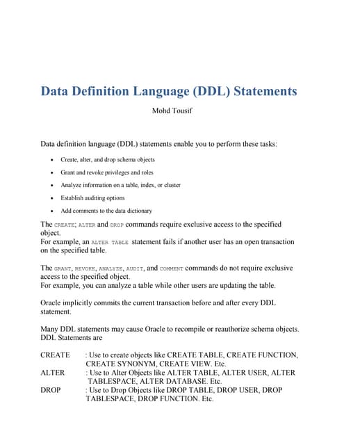 Data Definition Language Ddl Pdf Databases Computer Software