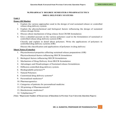 Dr. A. Sumathi - M.Pharm Question Bank - DDS | PDF