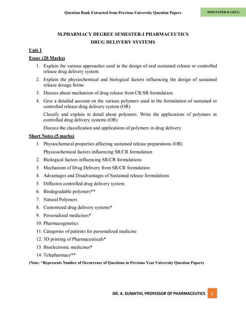 M.Pharm - Question Bank - Drug Delivery Systems | PDF