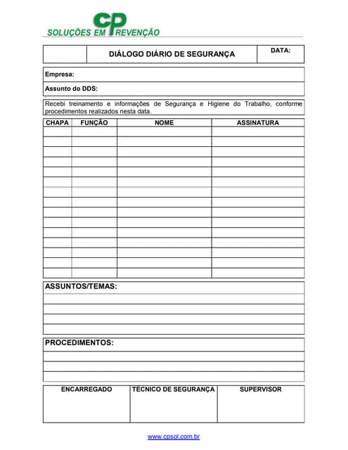 Modelo ficha de registro do diálogo diário de segurança (dds) - blog ...