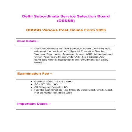 DSSSB Various Post Online Form 2023 | PDF
