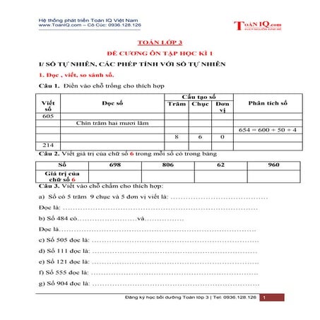 De cuong-on-tap-hoc-ki-1-toan-3 | PDF