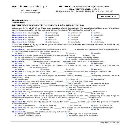 De thi-dai-hoc-mon-tieng-anh-khoi-d-nam-2014-ma-de-137 | PDF | Educational Assessment | Education