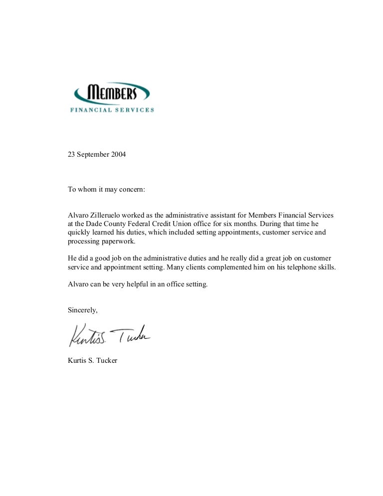 Members Financial Services Letter of Recommendation