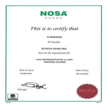 NOSA SHE REPRESENTATIVE CERTIFICATE | PDF