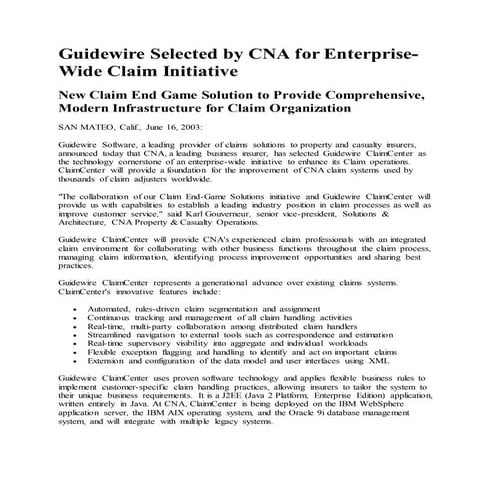 Guidewire Selected by CNA for Enterprise-Wide Claim Initiative | DOCX
