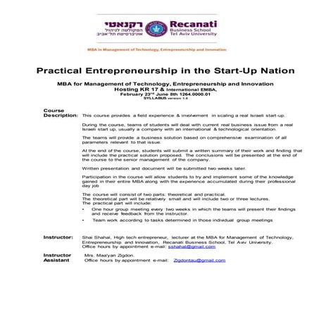 practical entrepreneurship in the start up nation_ syllabus_1.0 | DOCX