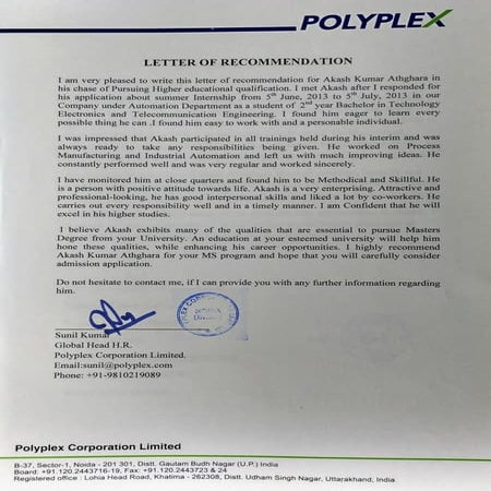 Letter of Recommendation - Polyplex Corp. Ltd | PDF