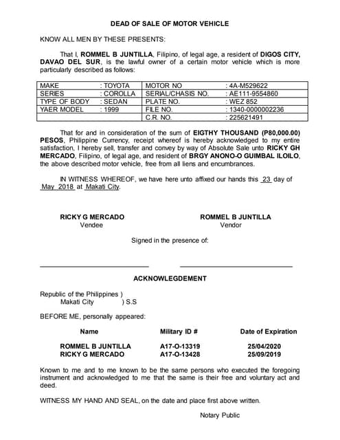 Deed of-sale-of-motor-vehicle | DOCX | Auto Type | Automotive