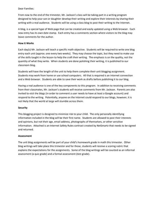 Parent letter for blogging (1) | PDF