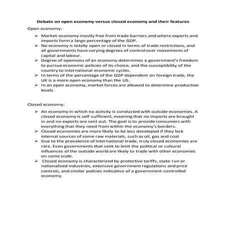 Debate on open economy versus closed economy and their features | DOCX