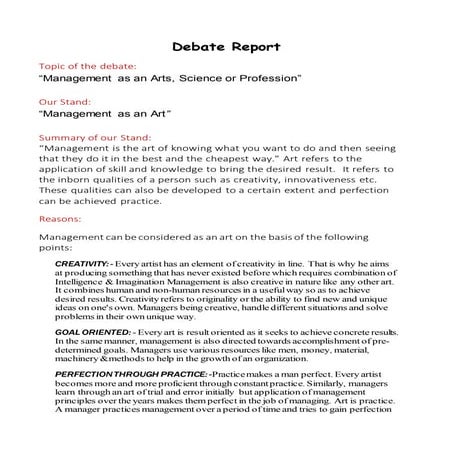 Debate report on Management is Art | PDF