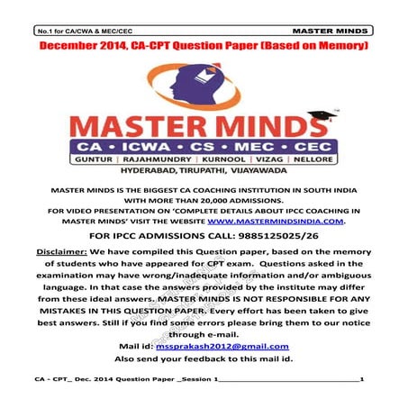 Dec 2014 ca-cpt question paper mastermind institute | PDF