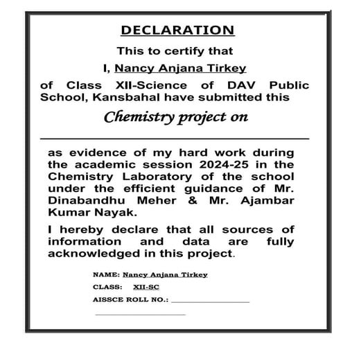Chemistry 12 declaration 2024-25 inventory project | PDF