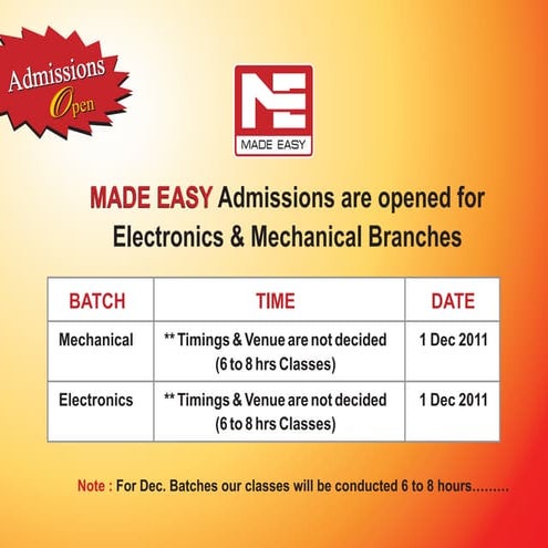 MADE EASY Admissions are opened for Electronics & Mechanical Branche | PDF
