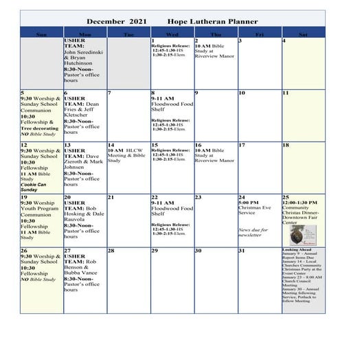 December 2020 Calendar of Events | PDF