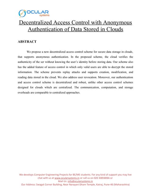 Decentralized Access Control With Anonymous Authentication Of Data Stored In Clouds Pdf