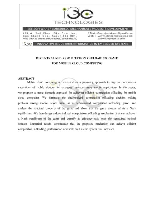 Decentralized Computation Offloading Game For Mobile Cloud Computing Docx