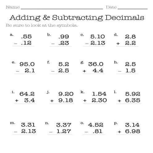Decimal additionsubtractionws | PDF