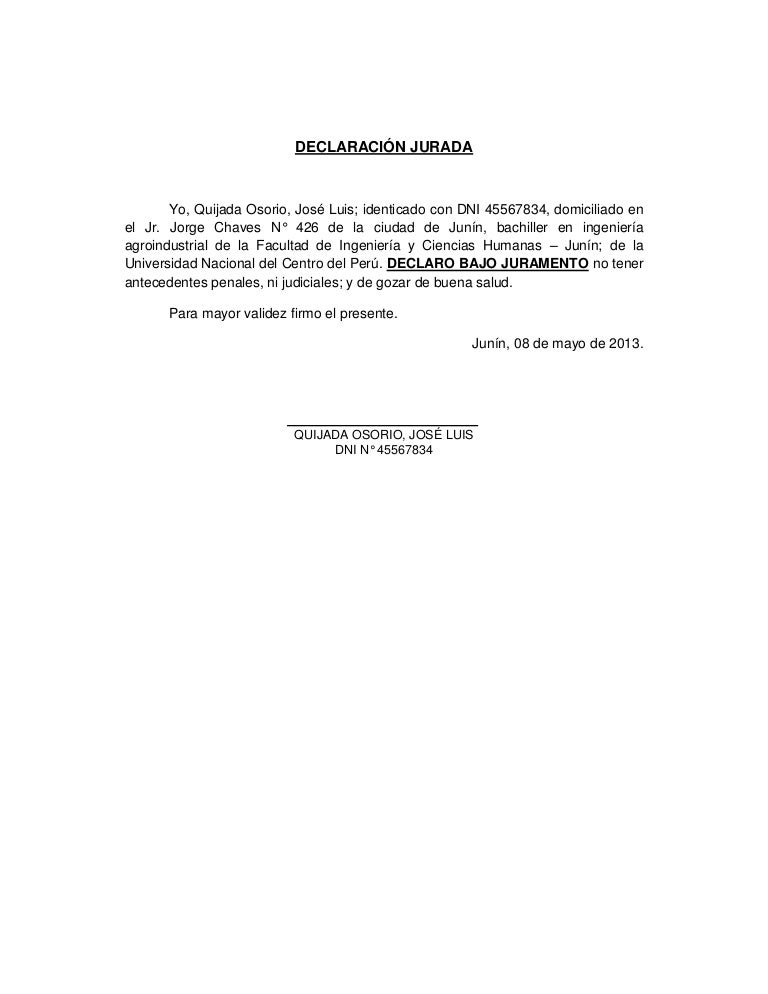 Modelos Y Tipos De Declaraci N Jurada En Word Y Pdf Modelo Ejemplar
