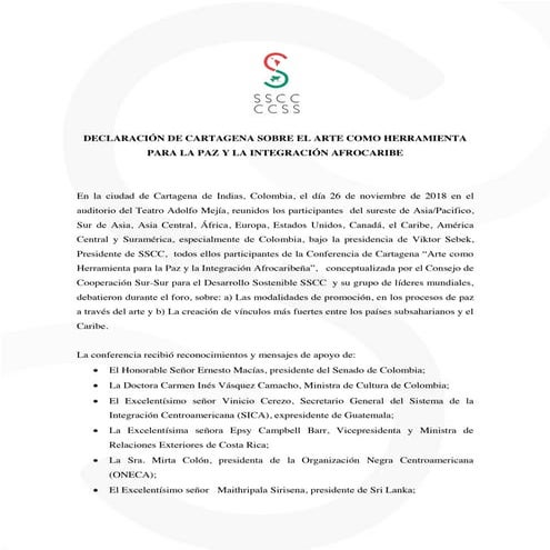 Cartagena declaration on art as a tool for peace and afro Caribbean ...