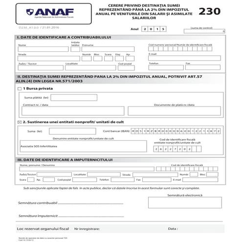 Declaratia 230 SOS Infertilitatea 2016 print | PDF