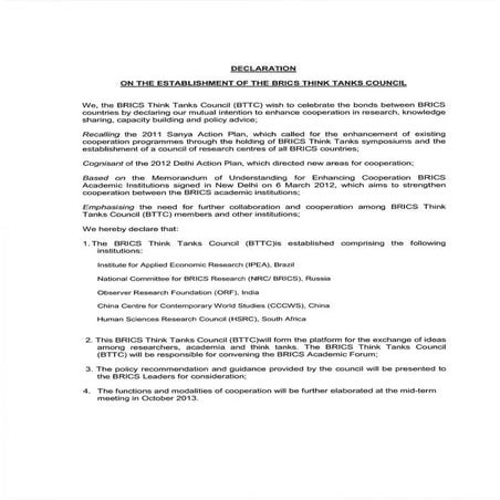 BRICS Declaration Establishing the Think Tanks Council 2013 | PDF