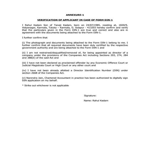 Declaration for form din 1 - rahul kadam (1) | PDF