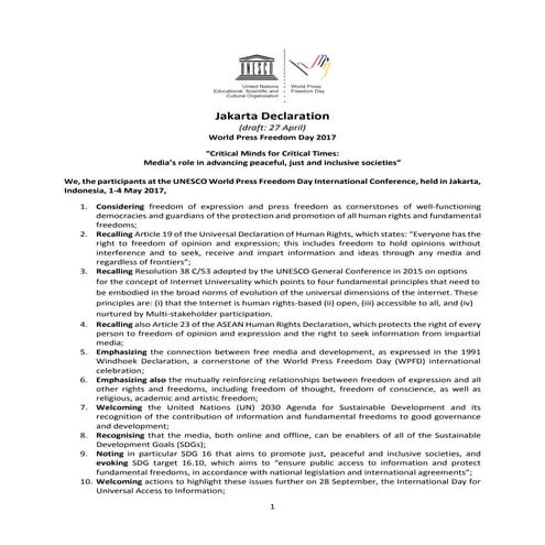 Draft WPFD 2017 Jakarta Declaration | PDF