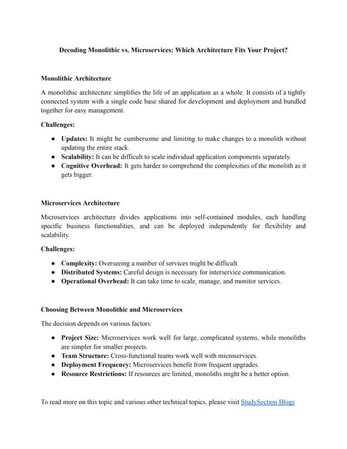 Monolithic vs Microservices Architecture: Choosing the Right Approach for Your Application | PDF