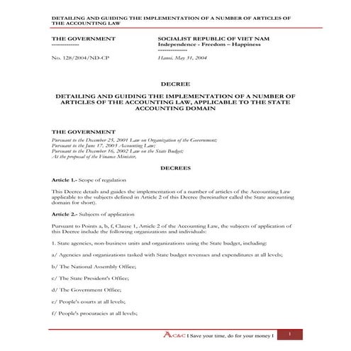 Decree 128/2004/ND-CP guiding the implementation of certain articles of ...