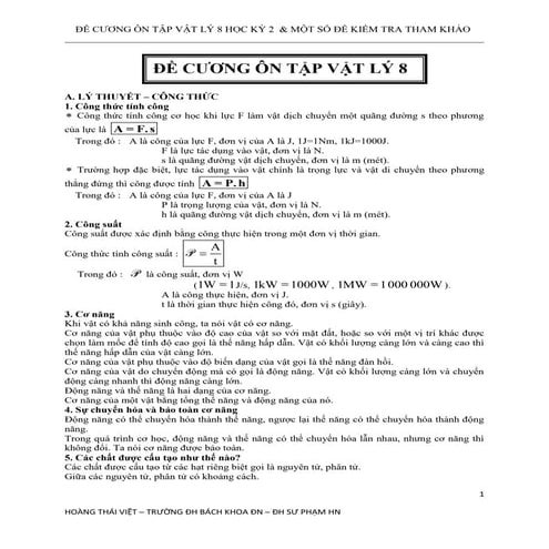 de cuong on tap vat ly 8 hoc ky 2 cuc hay - moi nhat | PDF